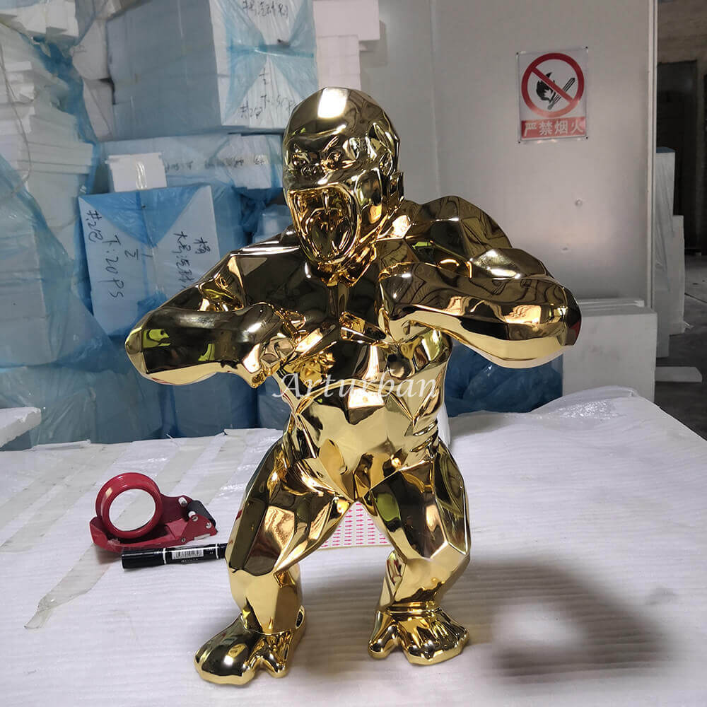 Wild Kong Orlinski Statue, Gold Gorilla Geometry Sculpture