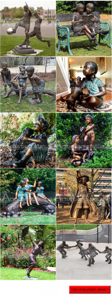 Boy and Girl Garden Statues Running Hand in Hand with Little Dog