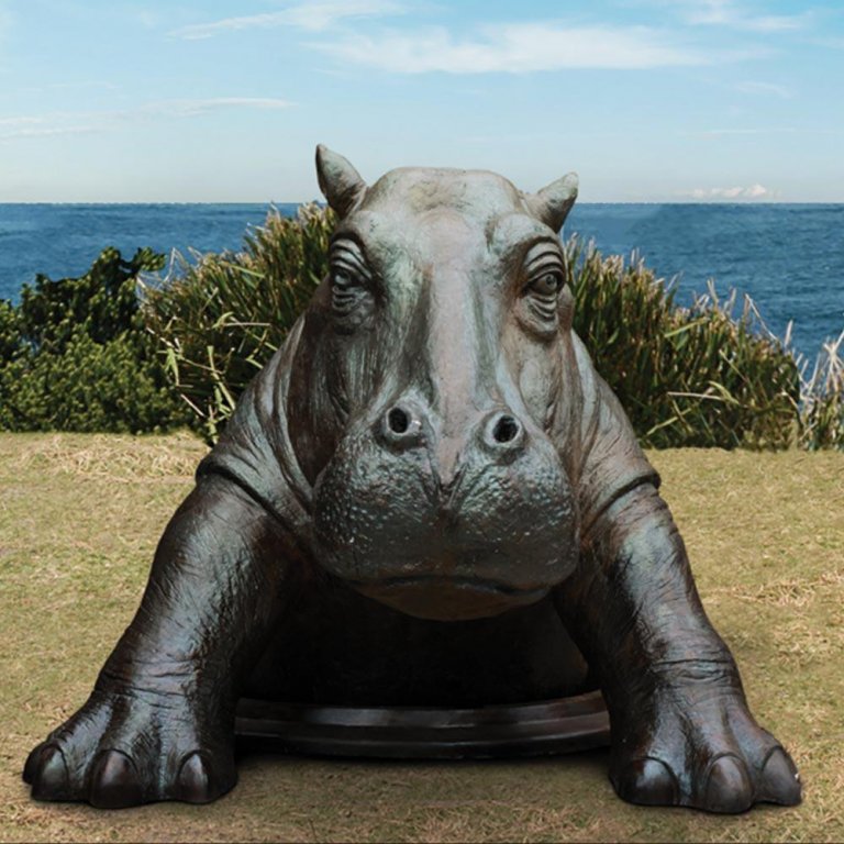 Life Size Hippo Statue Coming Out from Manhole Cover Garden Sculpture