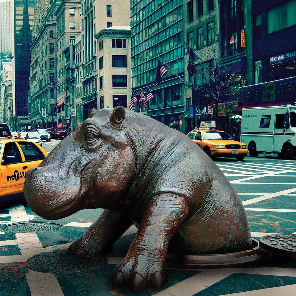 Life Size Hippo Statue Coming Out from Manhole Cover Garden Sculpture