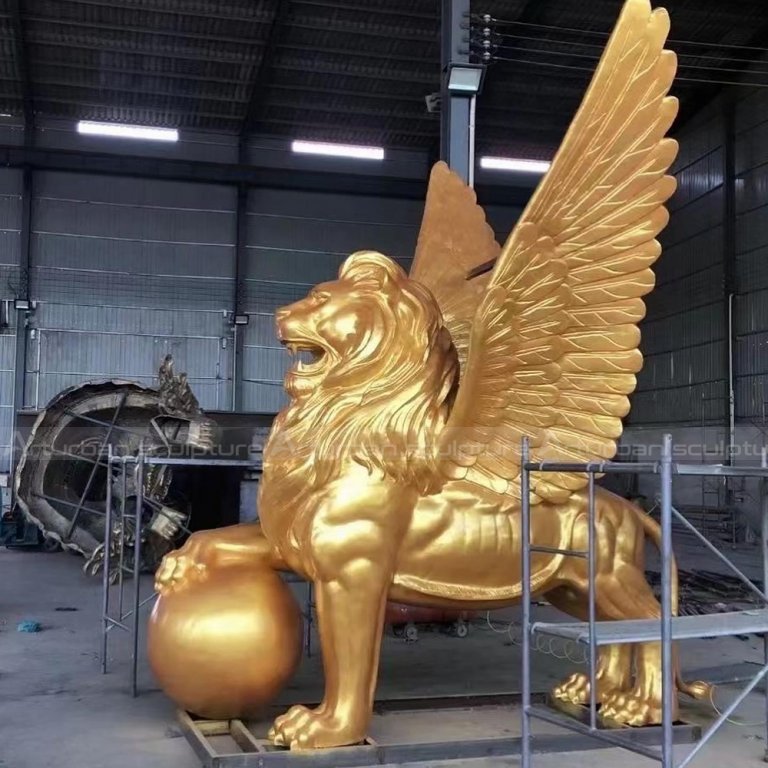 Large Gold Lion Statue, Winged Lion with Ball