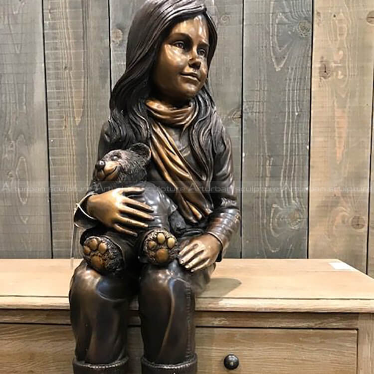 Bronze Girl Teddy Bear Statue